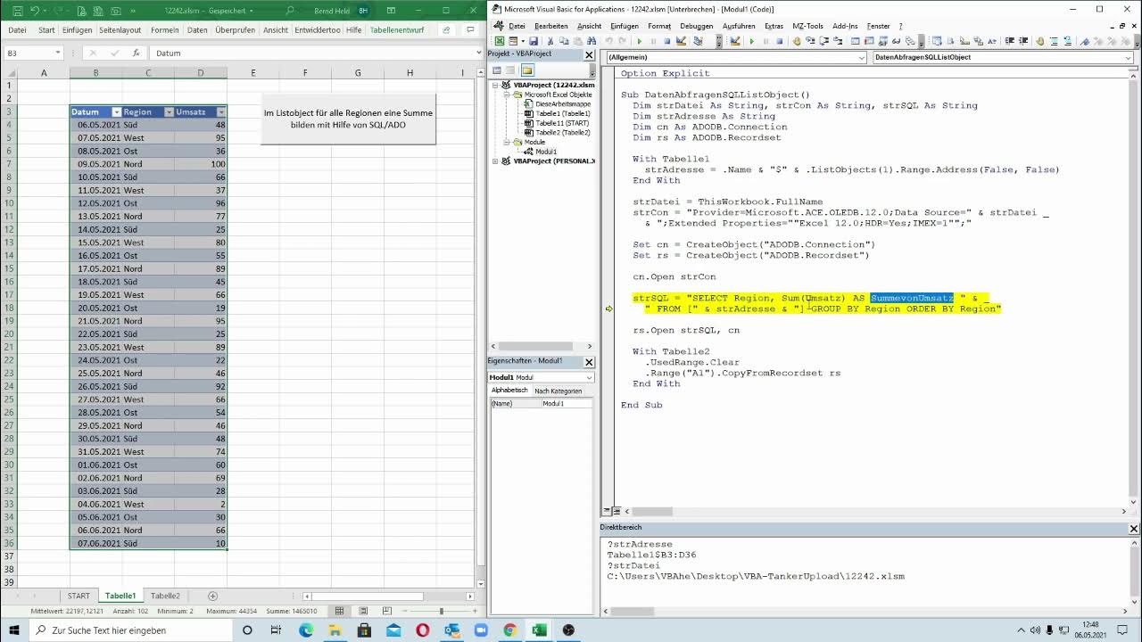 250: Excel-VBA: Flexibler Zugriff auf eine intelligente Tabelle über ADO & SQL (bedingte Summe ...