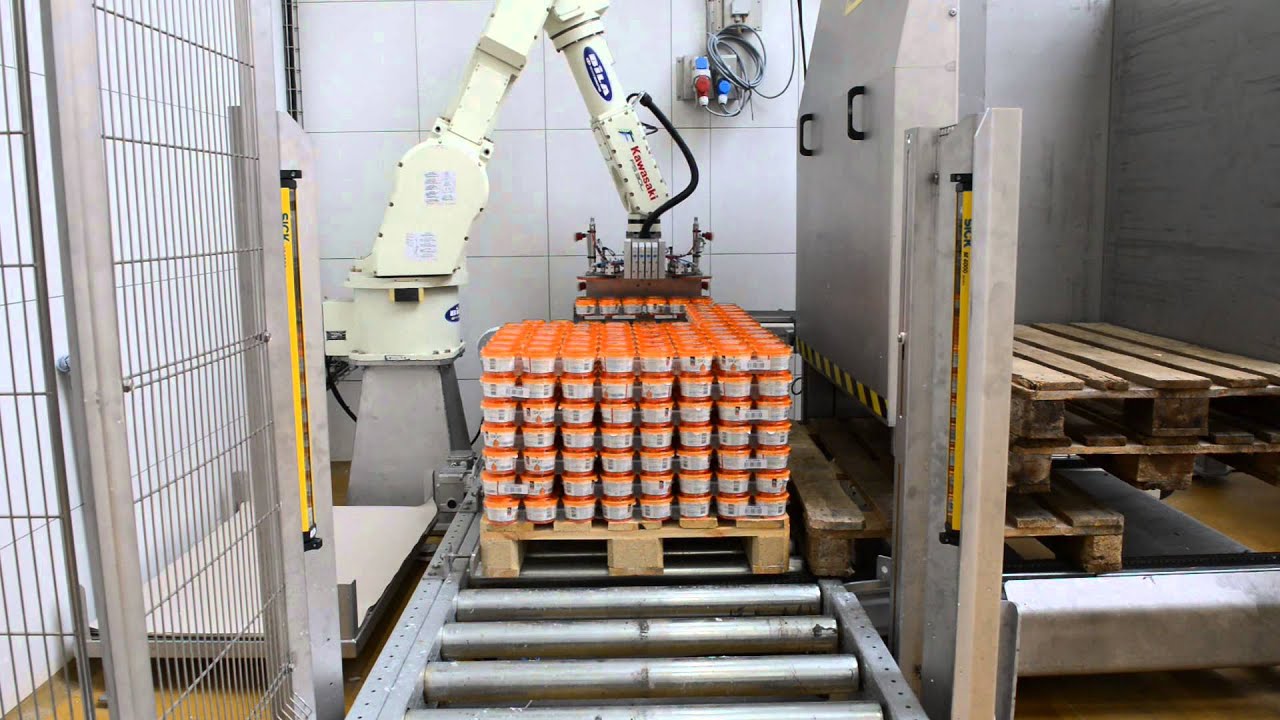 Pallet magazine/ pallet dispenser PALOMAT Inline at Thise dairy - YouTube