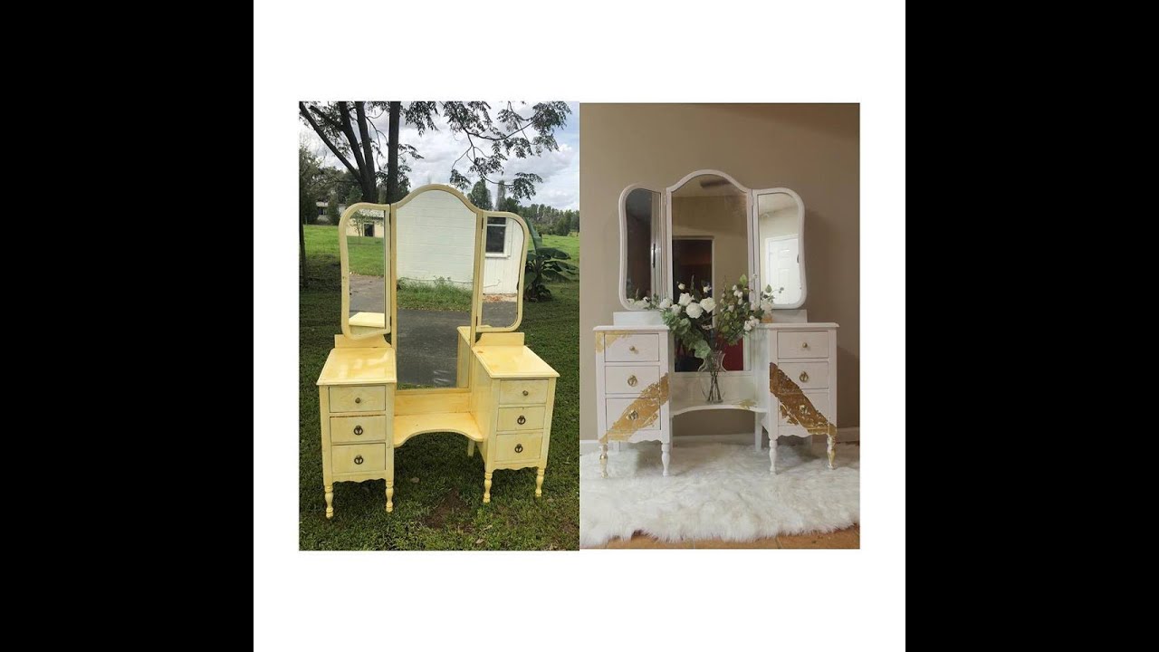 Diy triple mirror vanity makeover / furniture makeover/white paint with ...