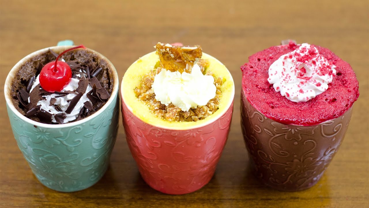 3 EASY MUG CAKE RECIPE l RED VELVET, BUTTERSCOTCH & BLACK FOREST CAKE ...