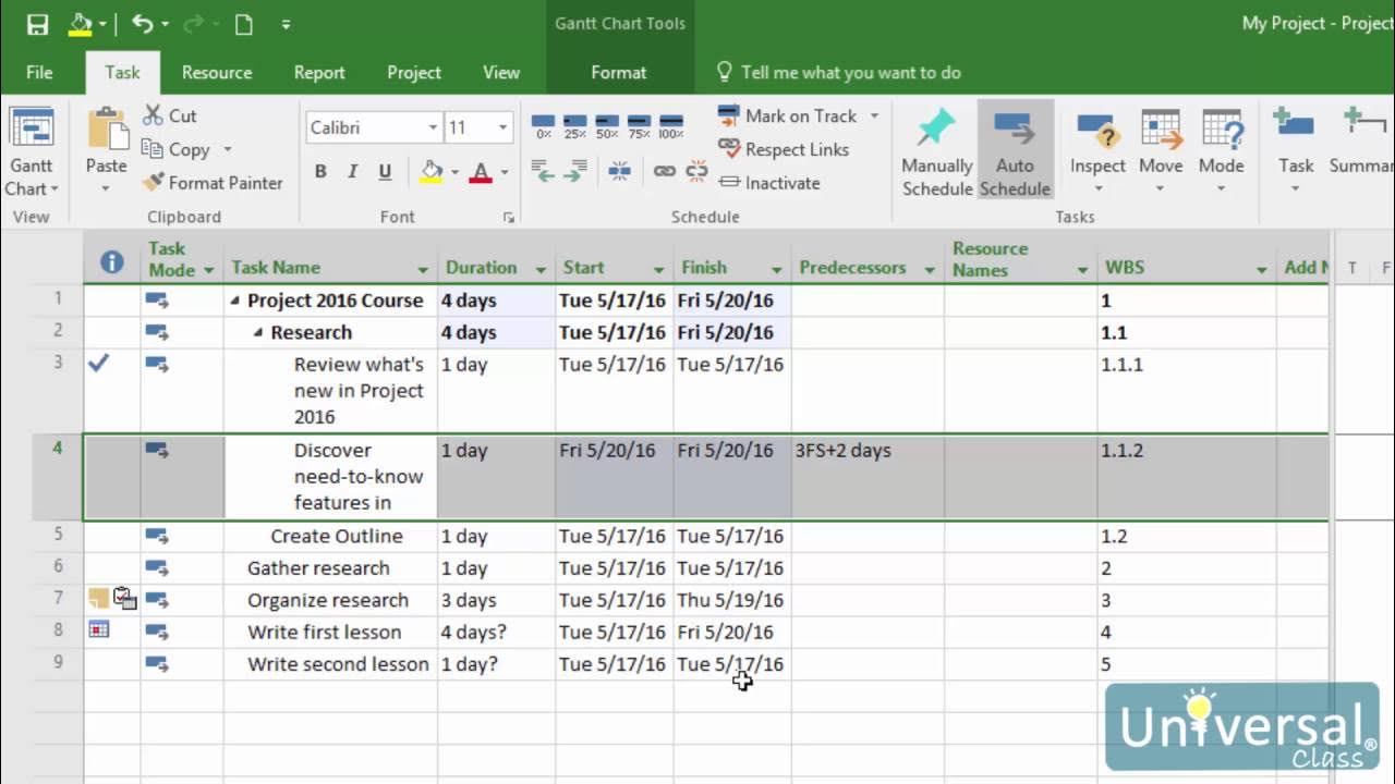 Lesson 9: Introducing Dependencies - Universal Class Microsoft Project 2016 - YouTube