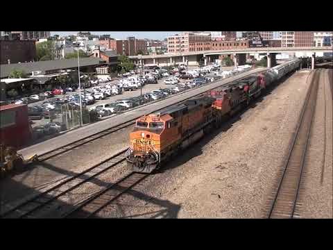 BNSF WB Mixed Freight with Baggage Car and the End Meets UP EB Coal Train. Kansas City, MO 5/7 ...