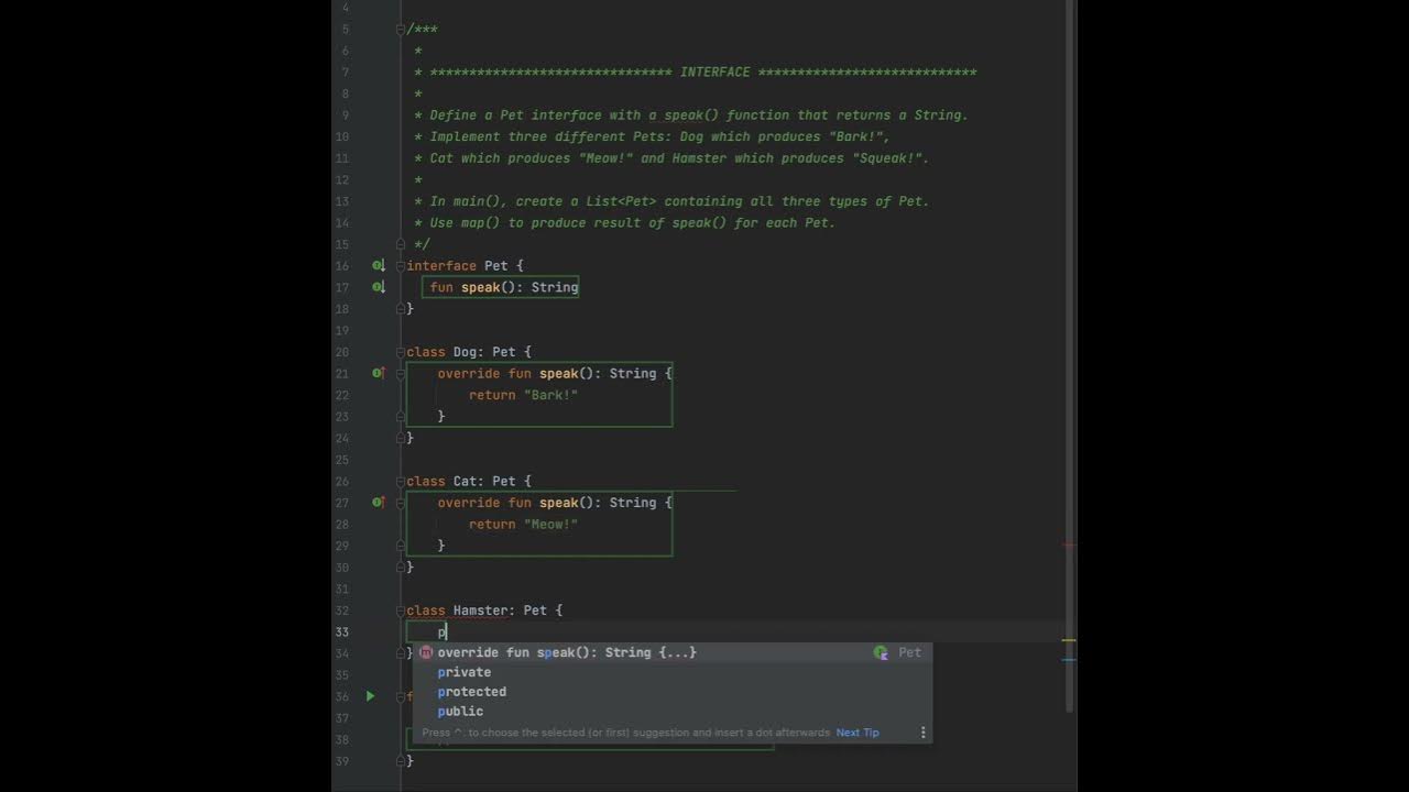 Kotlin - interface pets programming example - YouTube