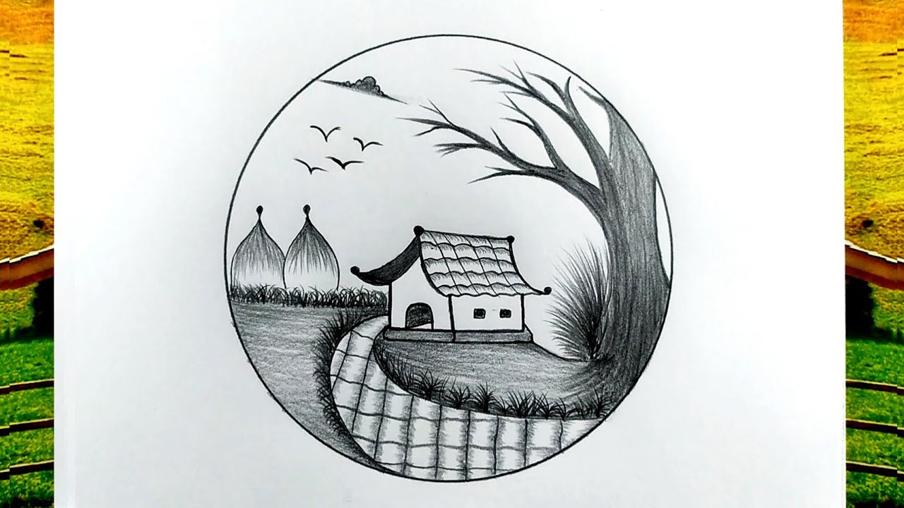 Easy Draw House and Tree scenery in circle #scenerydrawing # ...