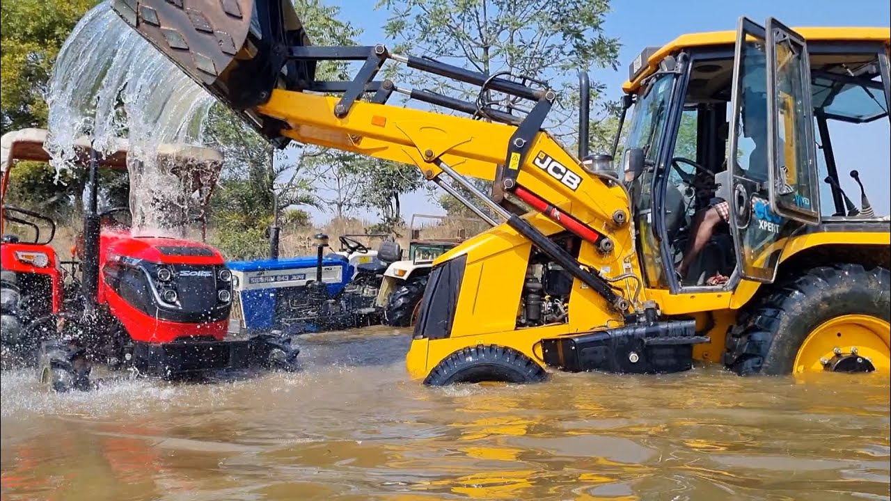 Jcb 3dx Backhoe Washing With Mahindra and Swaraj Tractor In Village ...