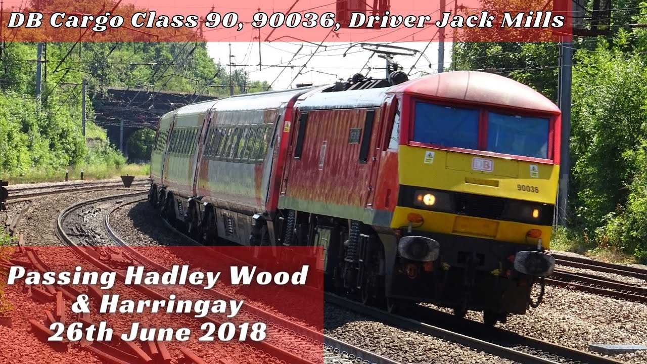 DB Cargo Class 90, 90036 Driver Jack Mills passing Hadley Wood ...