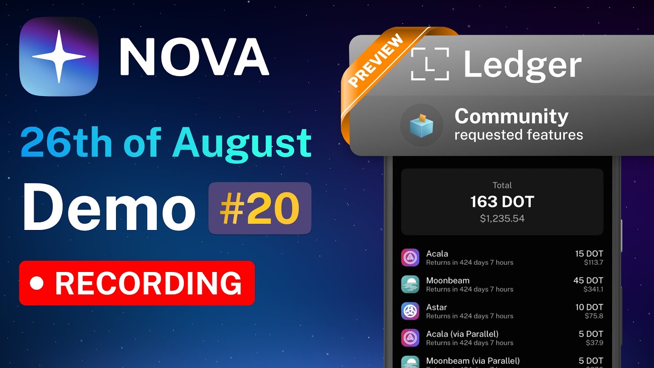 Nova Wallet Demo #20 Preview of upcoming Ledger integration, Select currency, Crowdloans Total ...