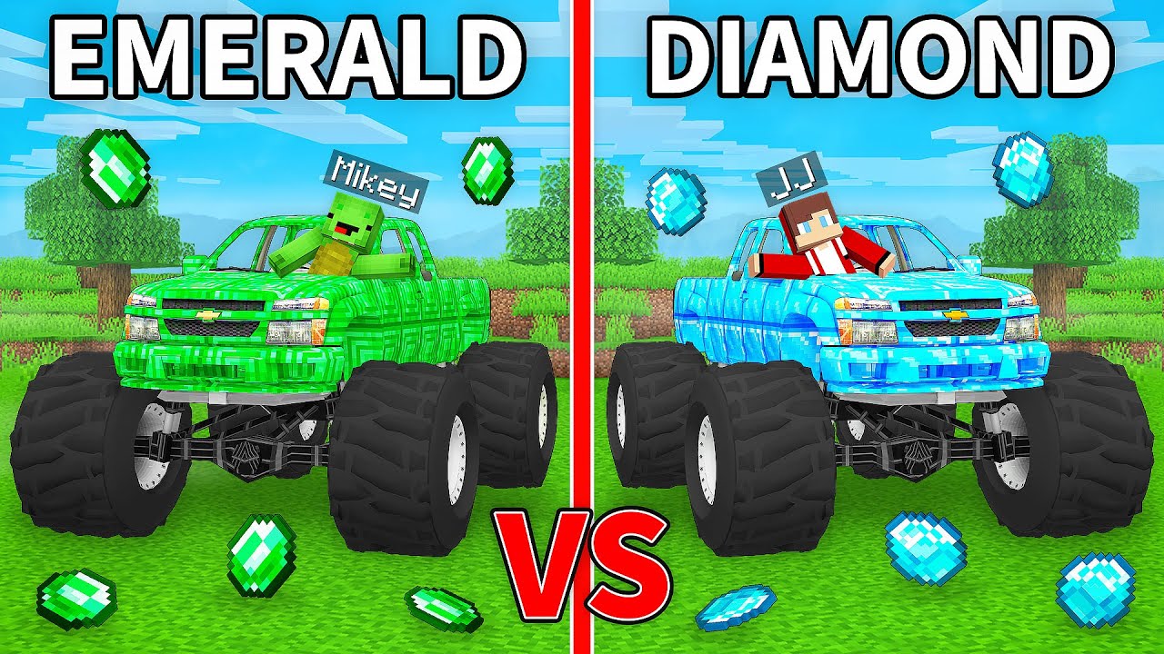JJ's DIAMOND Monster Truck vs Mikey's EMERALD Monster Truck Build ...