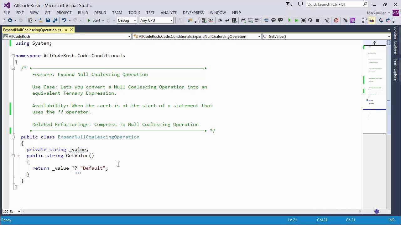 DevExpress CodeRush: Expand Null Coalescing Operation - YouTube