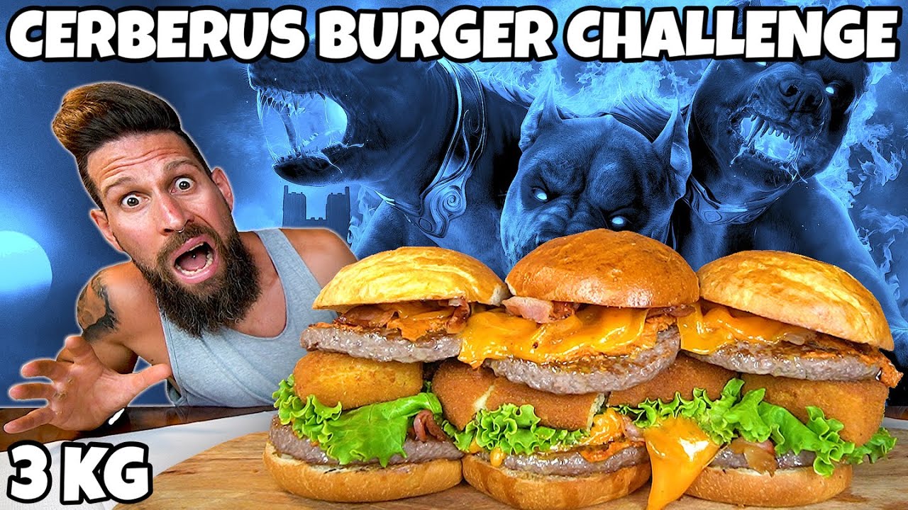 CERBERUS BURGER Challenge - (3KG - 10000 calorie) - MAN VS FOOD - YouTube
