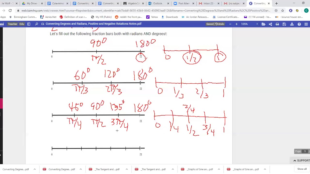 Converting between degrees and radians, rotations of angles - YouTube