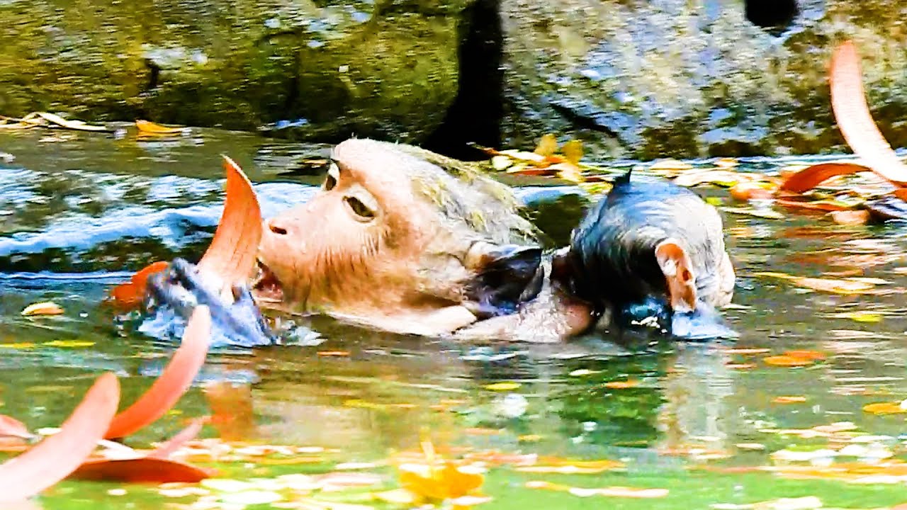Cute monkey swim-ming with mother #babymonkey - YouTube