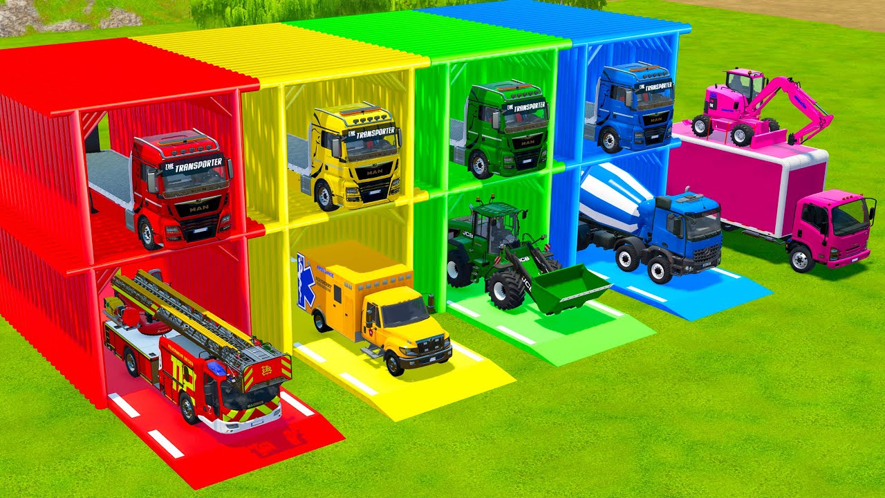 TRANSPORTING EXCAVATOR, MIXER TRUCK, WHEEL LOADER, POLICE CAR TO GARAGE ...