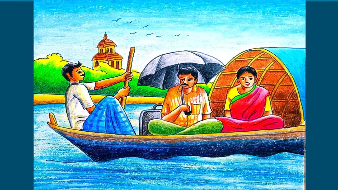 Boat scenery drawing step by step/Boatman drawing with colour/River ...
