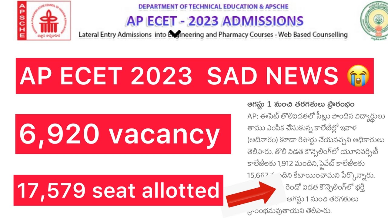 AP ECET 2023 PHASE 2 VACANY SEATS 6,920 | ECET STUDENTS SAD NEWS - YouTube