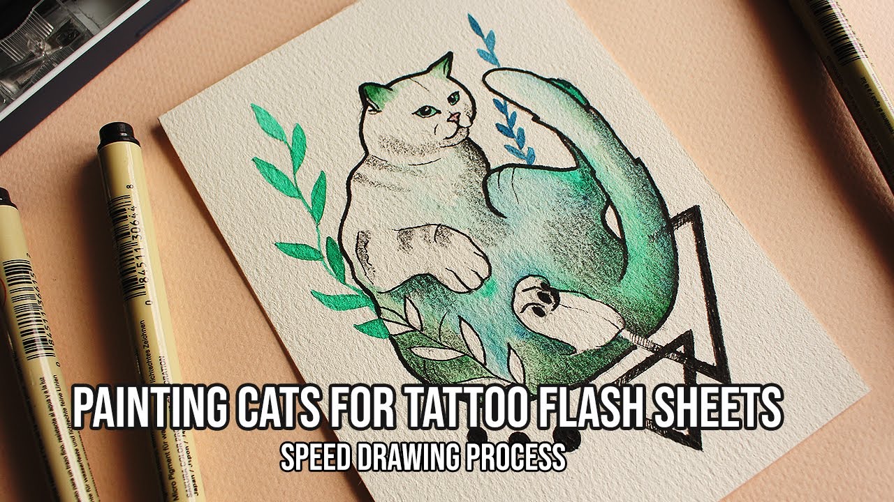 PAINTING CATS FOR TATTOO FLASH SHEETS SPEED DRAWING PROCESS - YouTube