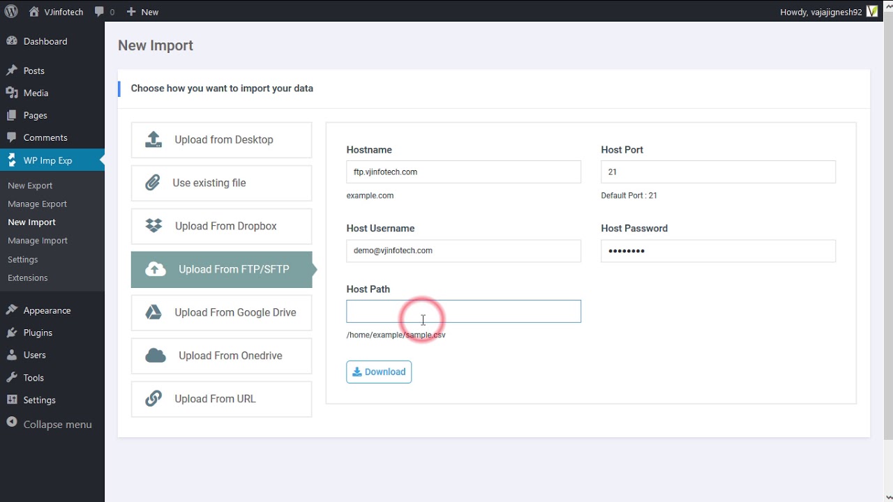 WordPress Import Export Plugin Upload File from FTP - YouTube