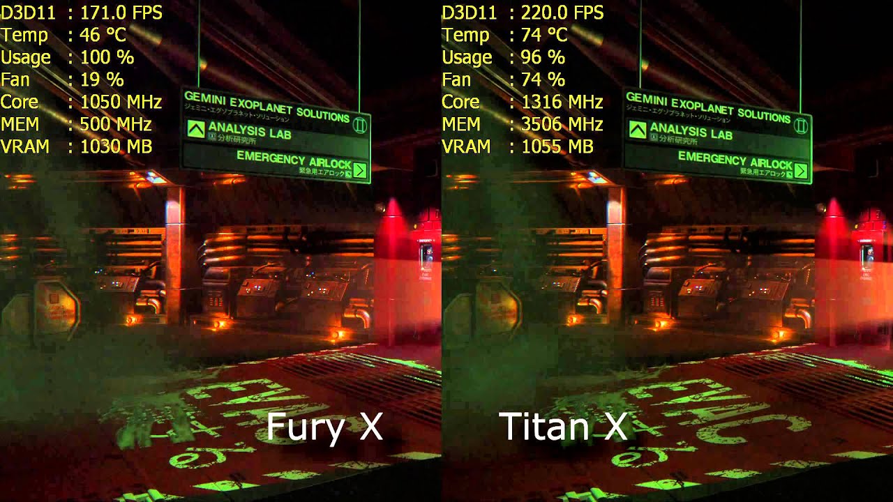 Fury X Vs Titan X Alien Isolation Benchmark Same settings 1080P - YouTube