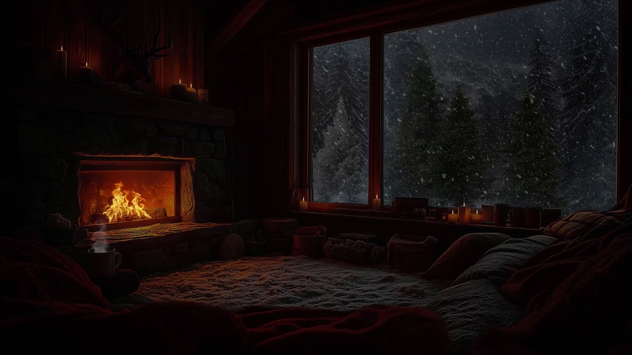 ️🔥 Warm Cabin Living Room on a Snowy Night | Soft Fireplace Sounds for ...