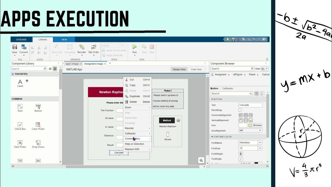 NEWTON AND SECANT METHOD IN MATLAB APP DESIGNER - YouTube