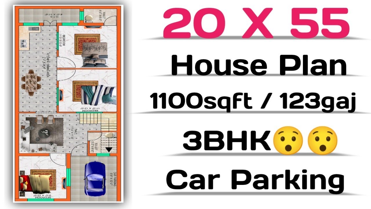 20' X 55' Modern House Plan With Car Parking || 1100sqft House Plan ...