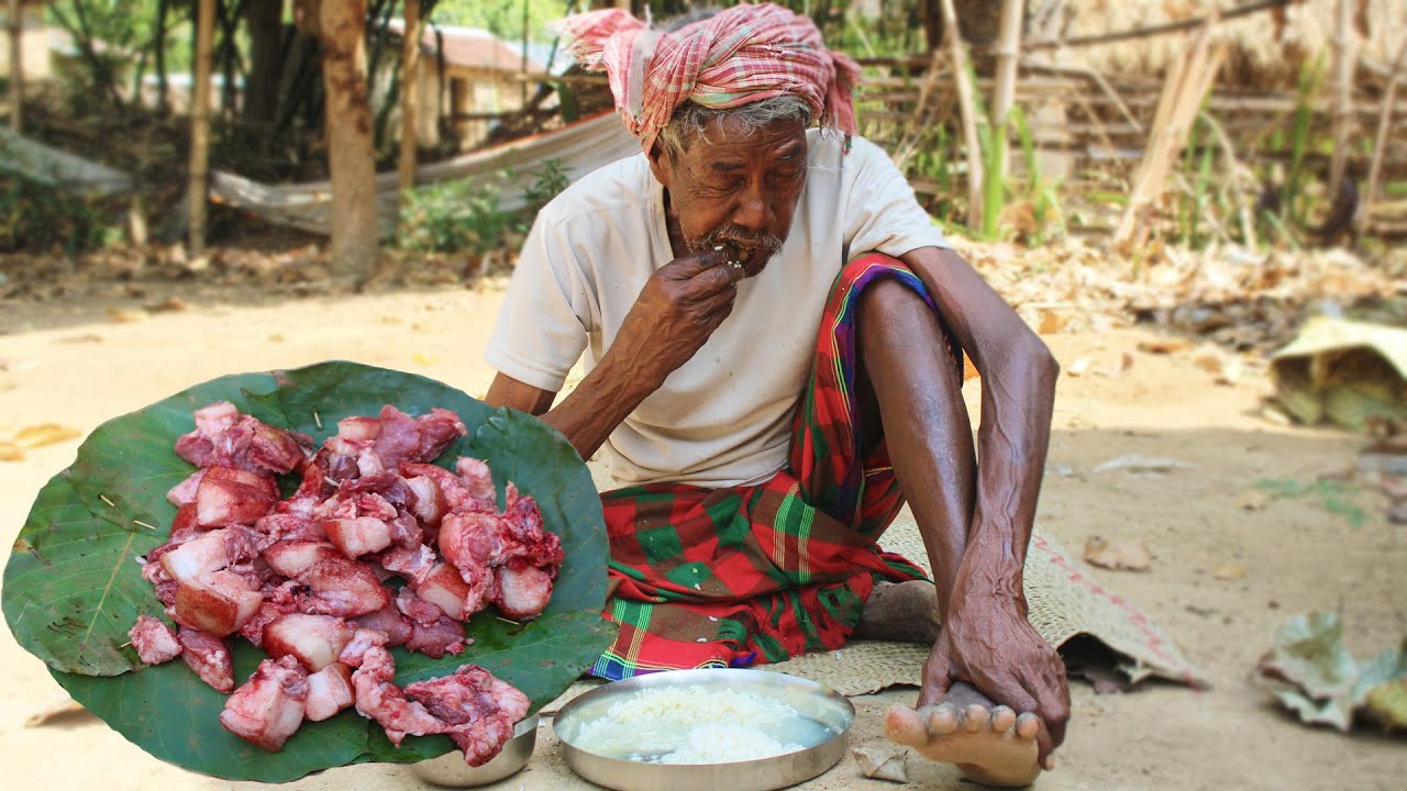 PORK MEAT CURRY | Pork recipe cooking and eating by Tribe grandfather ...