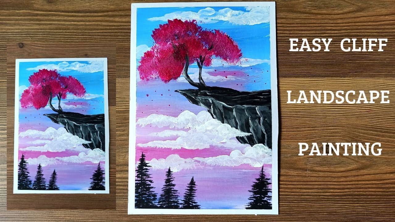 PRETTY CLIFF LANDSCAPE WITH A PINK TREE ON ACRYLIC PAINTING FOR ...