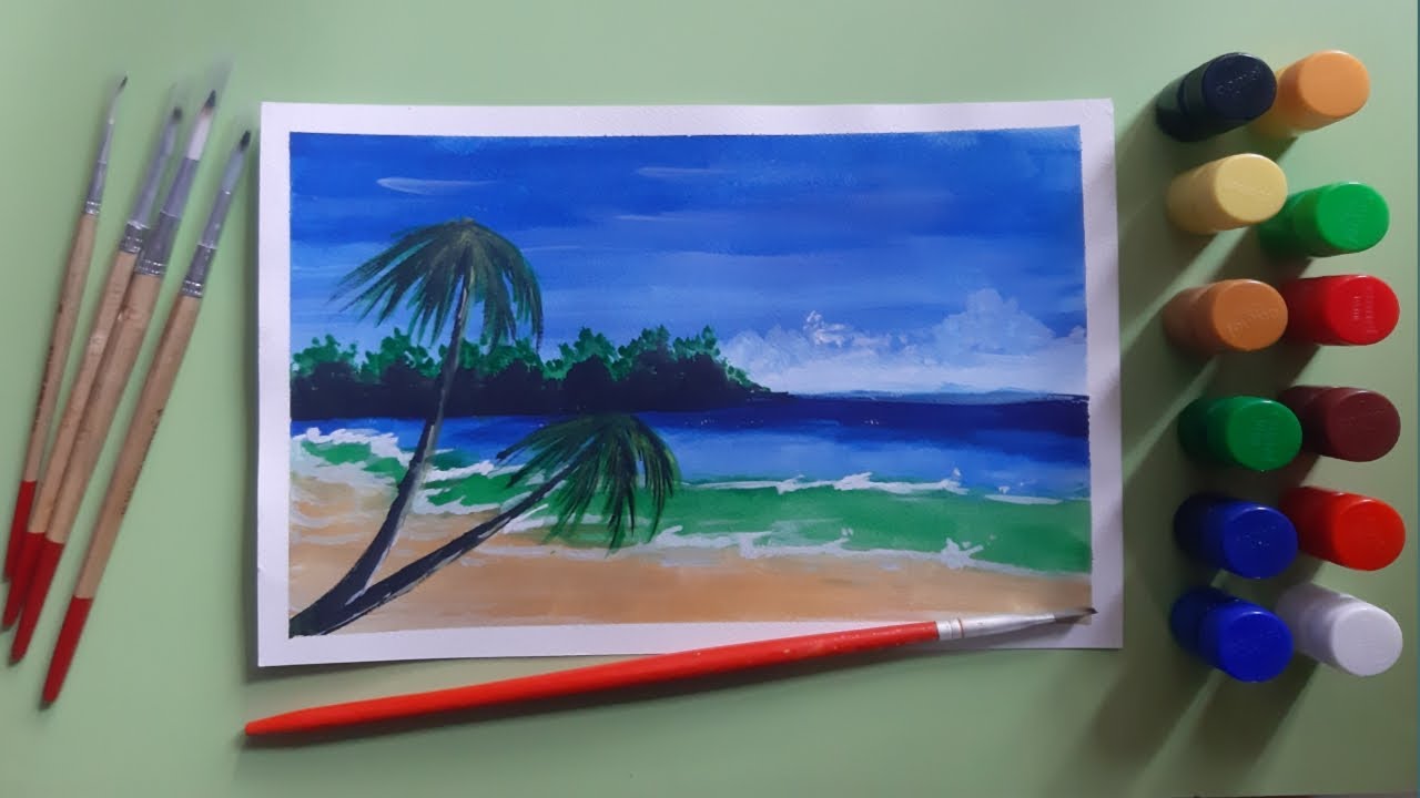 Beautiful Beach Painting Using Poster Colours Step By Step | kds art ...