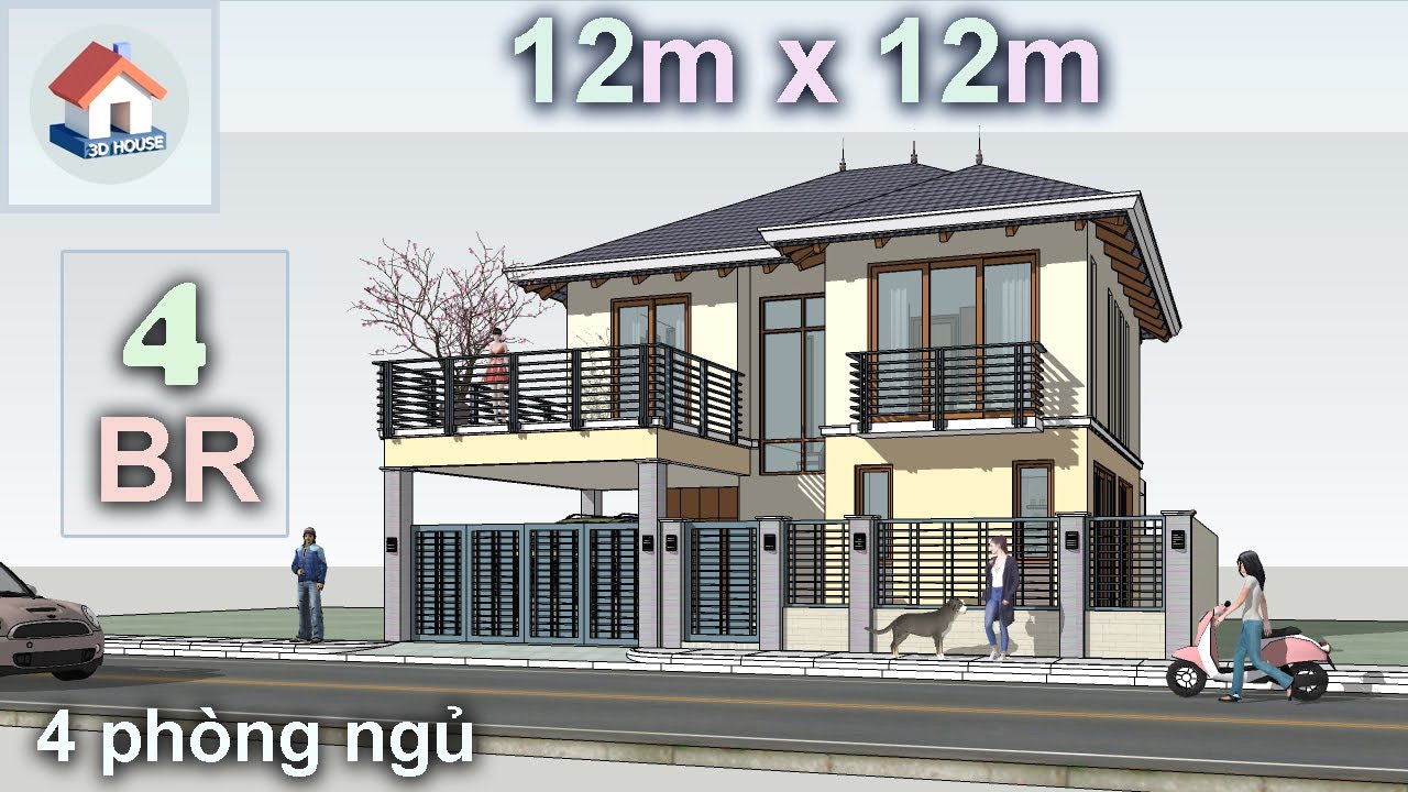 Two storey House Design 12x12 meters with 4 Bedrooms - YouTube