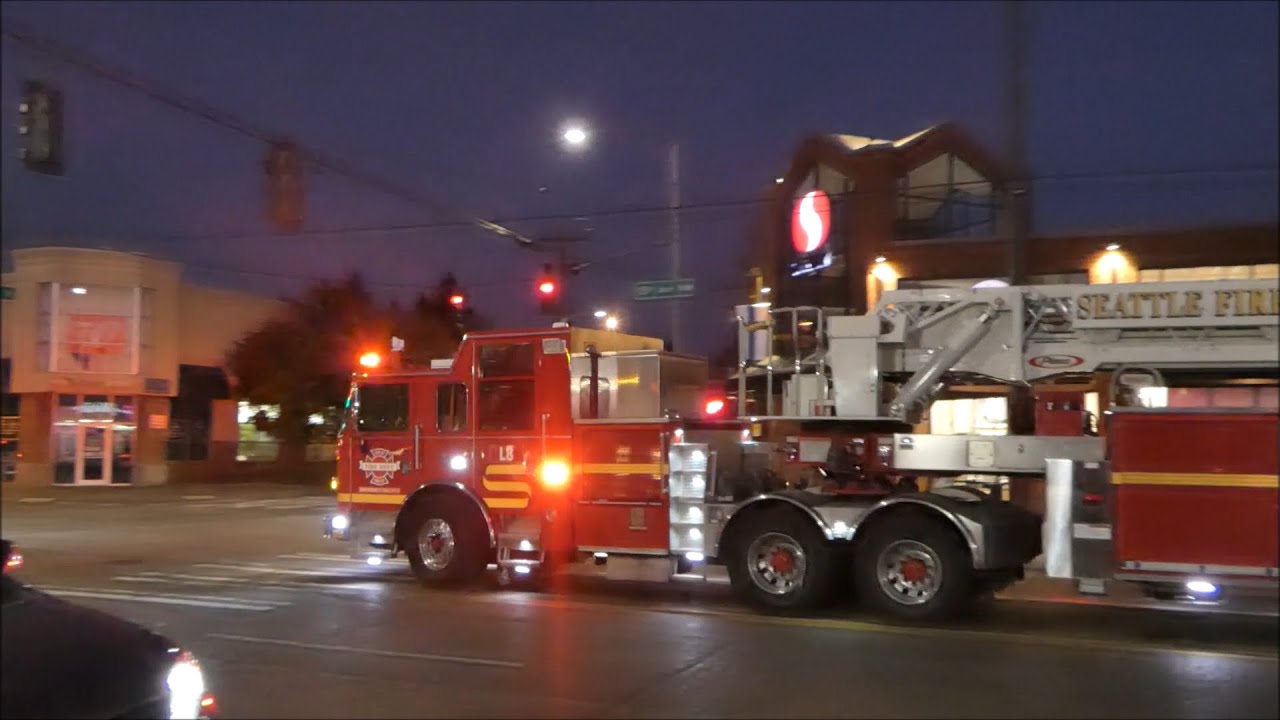 Seattle Fire Ladder 8 responding + Ladder 10 leaving station - YouTube