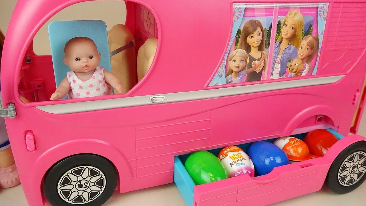 Pink bus surprise eggs and baby doll picnic toys play - YouTube