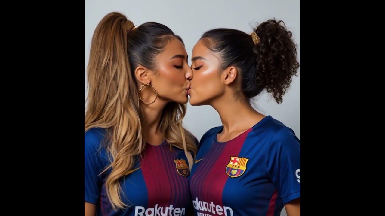 Sizzling Moment Two Women Fans Share a Steamy Kiss at FC Barcelona Game #kiss #lesbian # ...