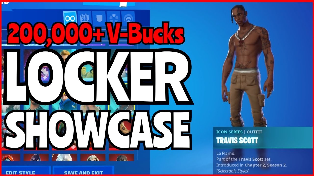 MY FORTNITE LOCKER! (Travis Scott, Marshmello, Eon, Rebirth Harley, and ...