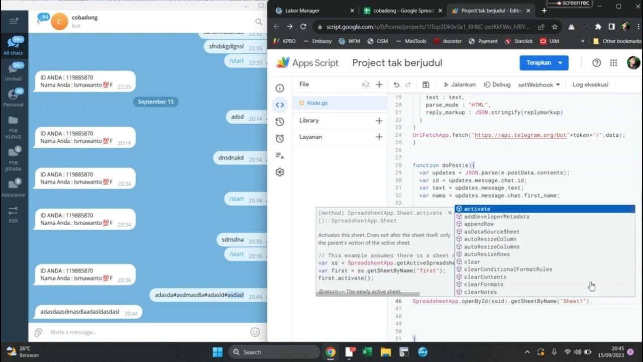 Telegram bot part 2 Cara input data melalui bot telegram tersimpan di google sheet metode split ...