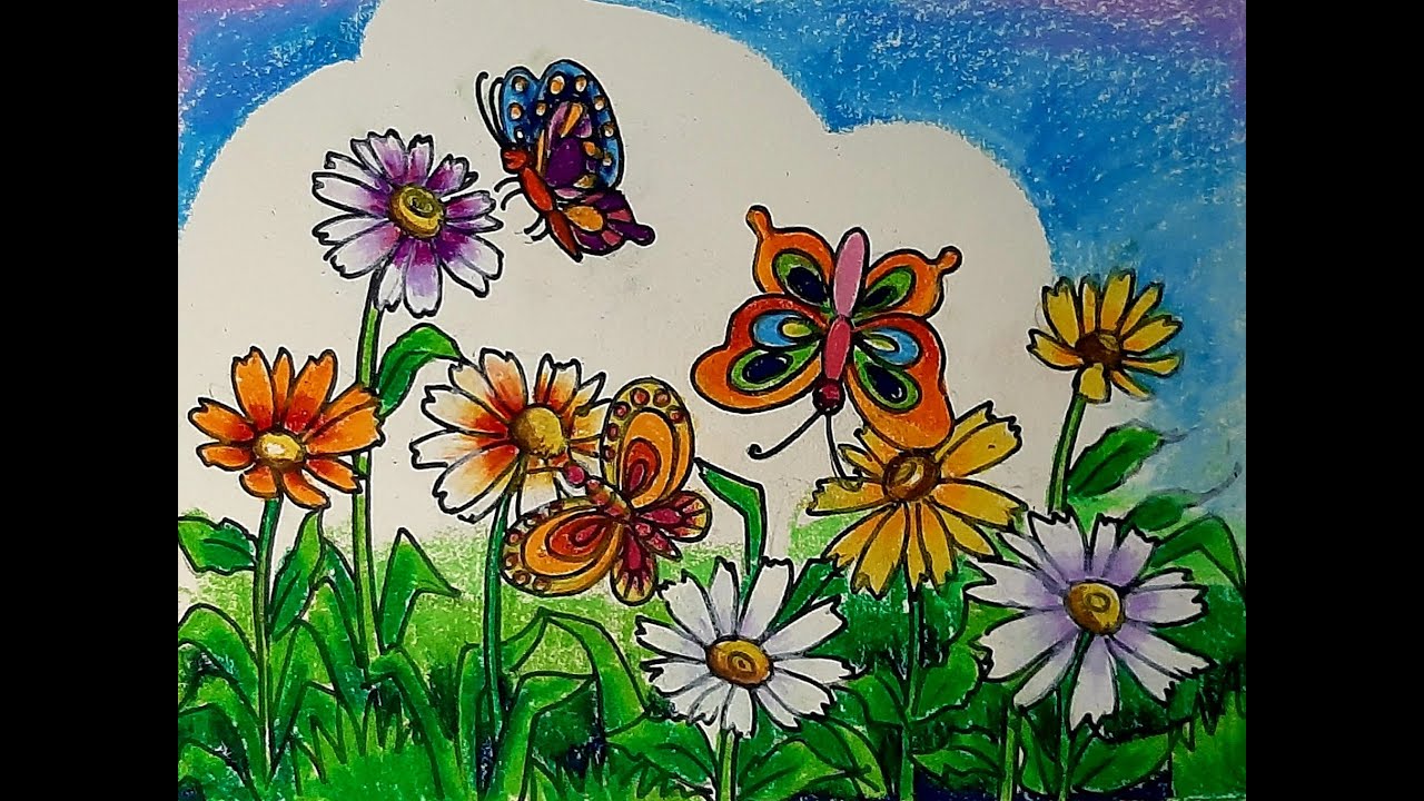 How to draw Flower garden with butterflies \\ Daisy flowers with ...