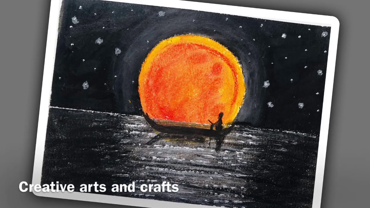 Boatman alone in the sea in moon light|| Easy painting for beginners ...