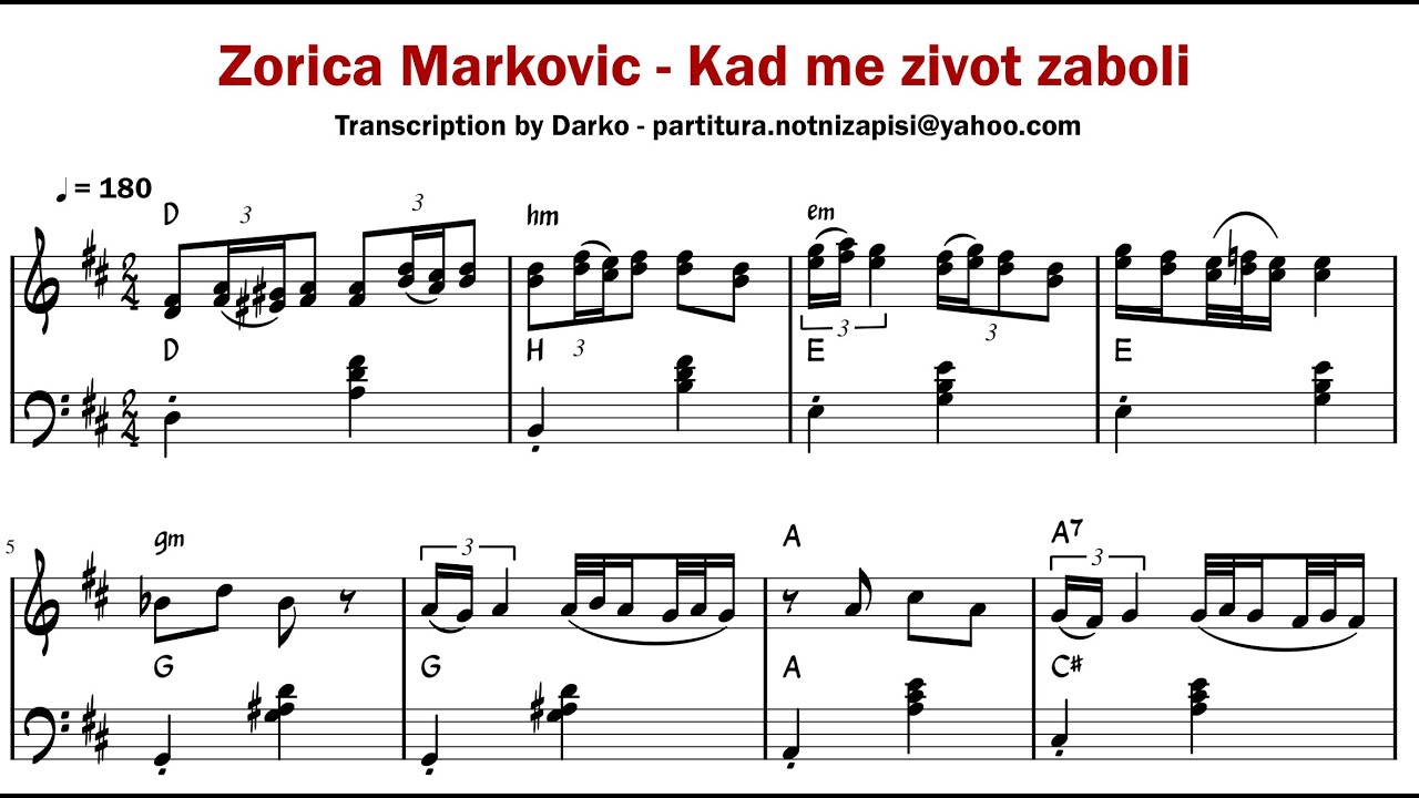 [Notni zapis za harmoniku] Zorica Markovic - Kad me zivot zaboli Chords ...
