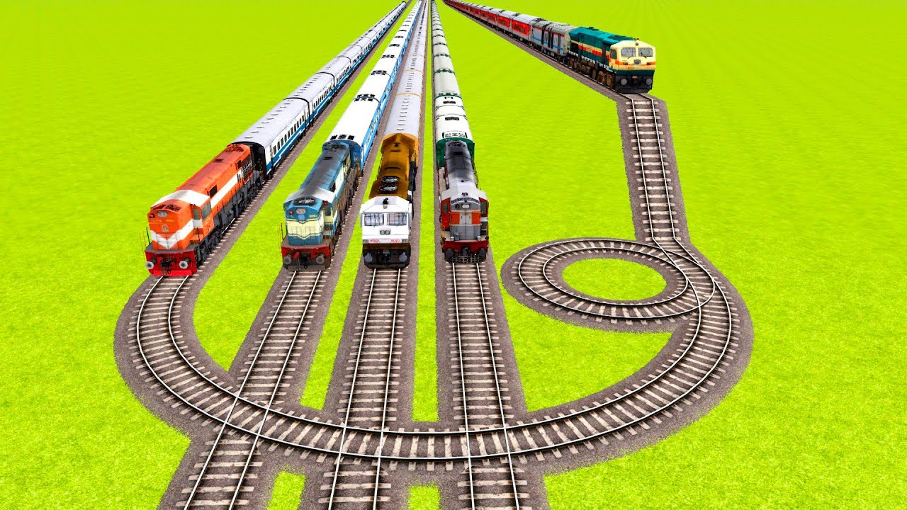 FIVE TRAINS SMOOTHLY RUNNING ON TWISTED RAILROAD AND FACE TO FACE ...