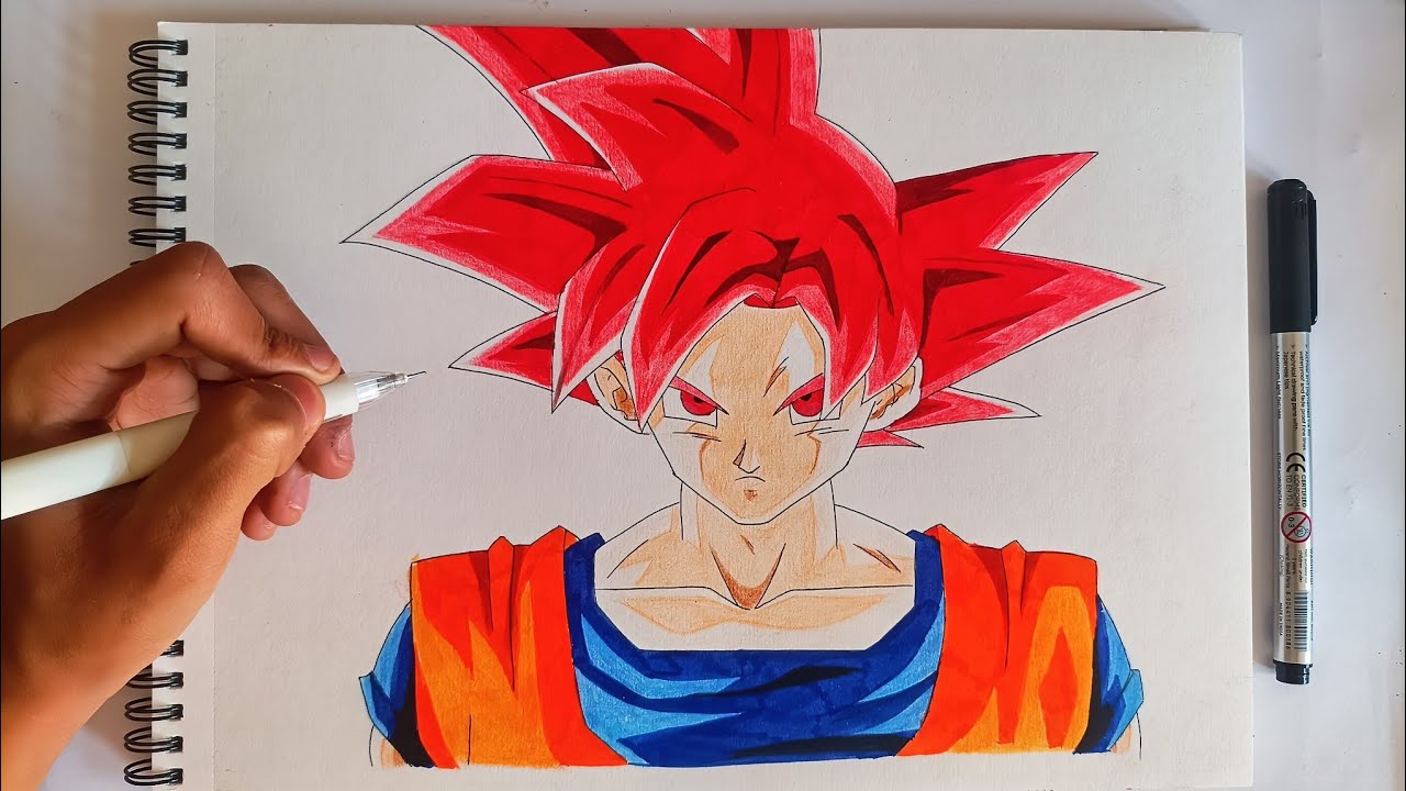 How To Draw Goku Super Saiyan GOD - A Step By Step Drawing Tutorial ...