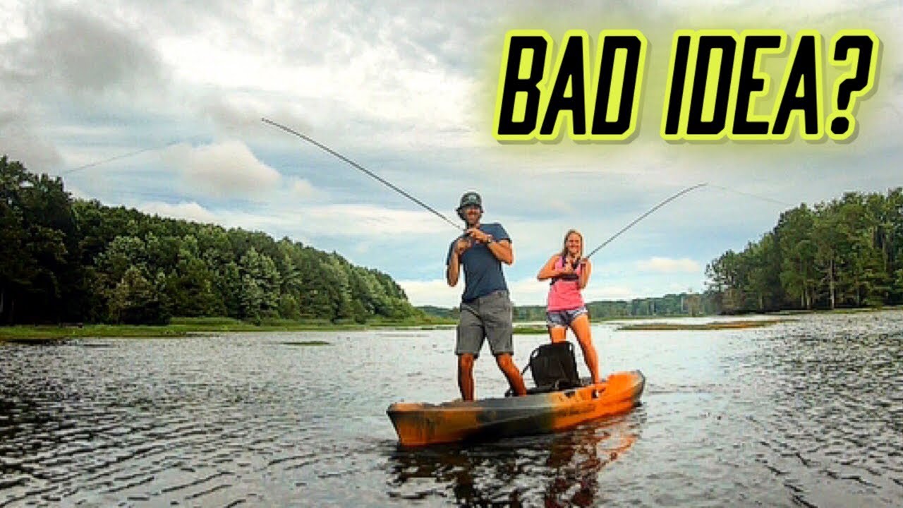HUSBAND & WIFE Go Fishing in ONE PERSON KAYAK for GIANT BASS!!! - YouTube