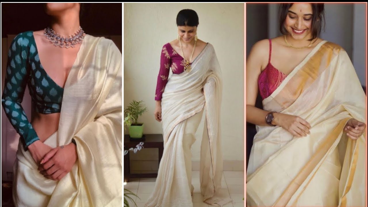 Beautiful off-white saree & contrast blouse design ideas - YouTube