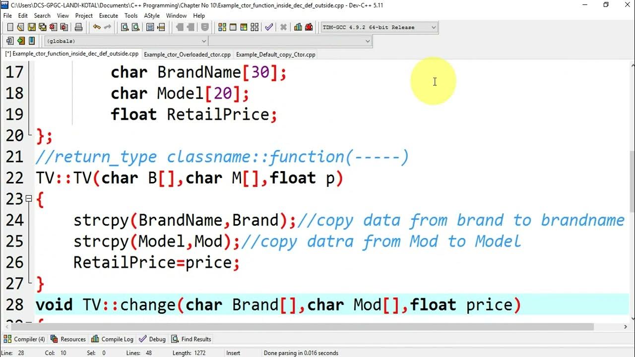 Lecture-10| Parameterize Constructor & function declaration inside and definition outside the ...