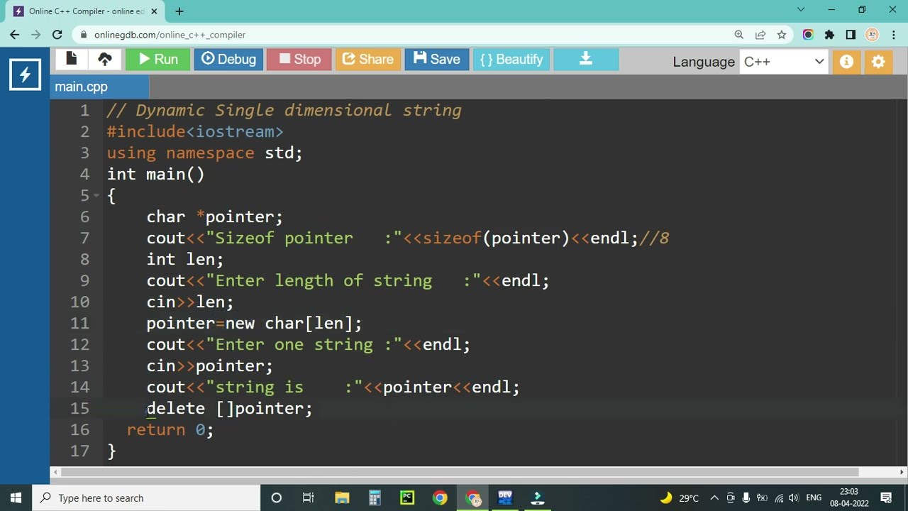 DYNAMIC SINGLE DIMENSIONAL STRING BY USING NEW AND DELETE OPERATOR DYNAMIC SINGLE DIMENSIONAL STRING BY USING NEW AND DELETE OPERATOR