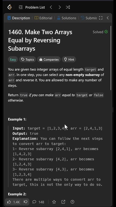 1640 , Make Two Arrays Equal by Reversing Subarrays - YouTube