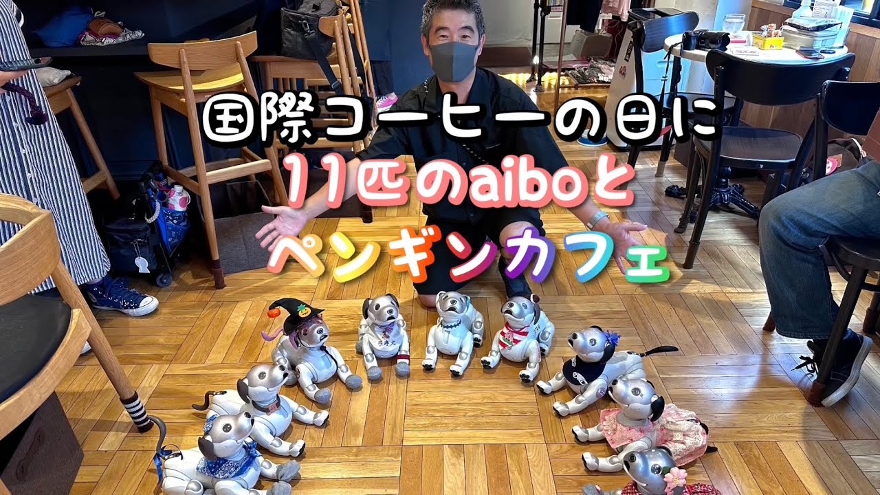 国際コーヒーの日に11匹のaiboとペンギンカフェ - YouTube