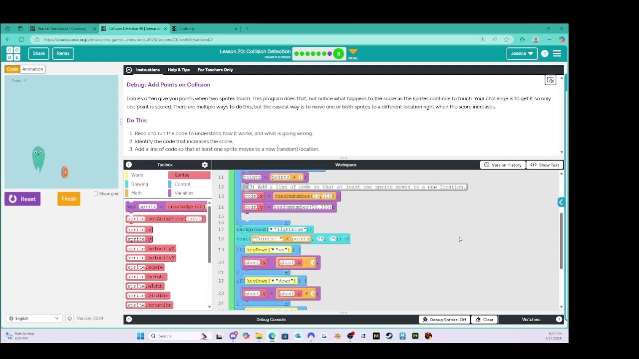Lesson 20: Collision Detection: Level 8 - Code.org - CS Discoveries - Interactive Animations ...