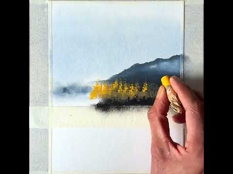 Easy fall season mountain scenery - Oil pastel drawing for beginner