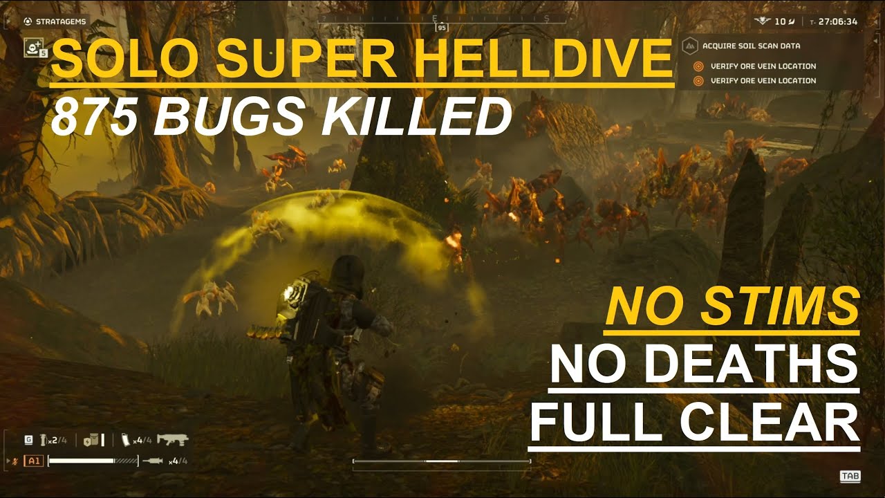 Helldivers 2. SOLO. NO STIMS. No deaths. 875 Bug kills. Super Helldive. Full Map Clear. - YouTube