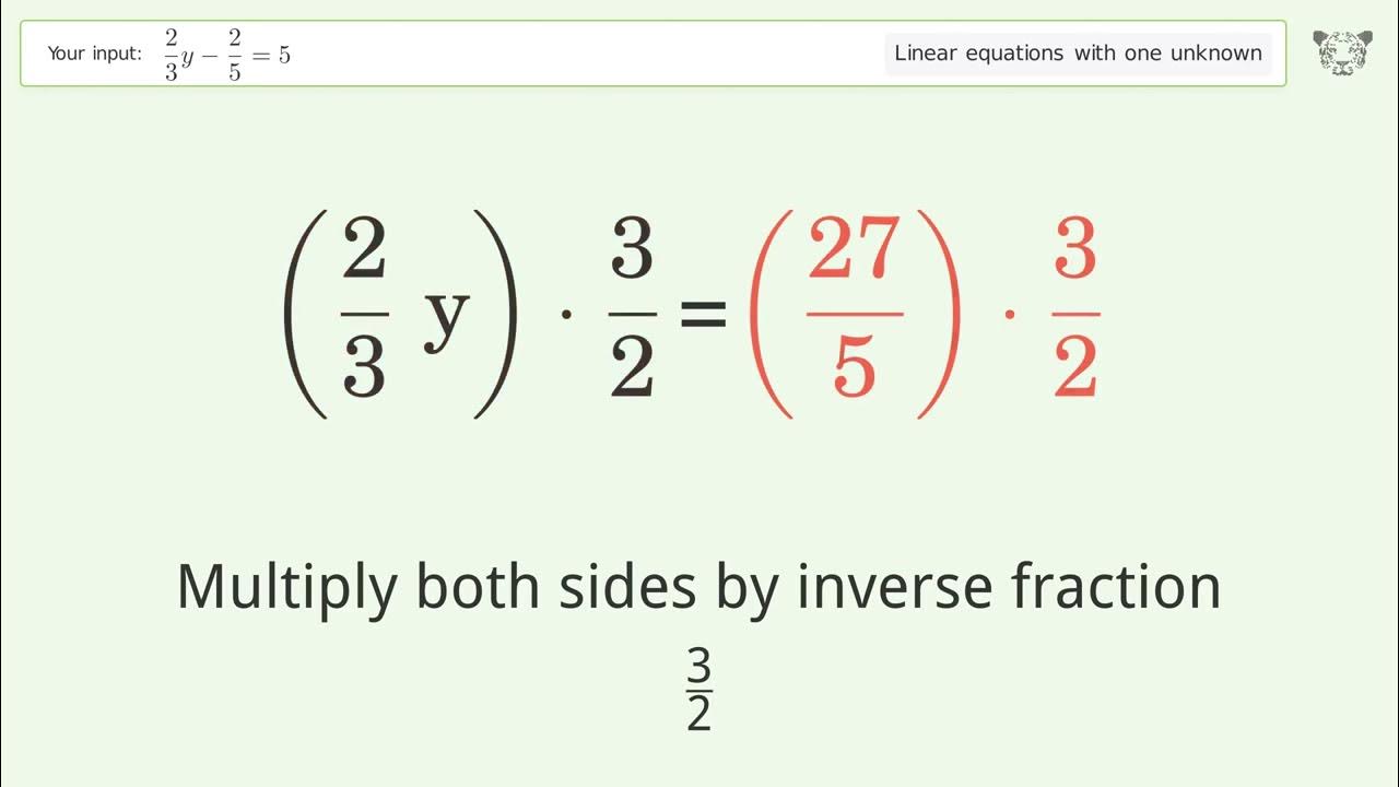 Linear equation with one unknown: Solve 2/3y-2/5=5 step-by-step ...