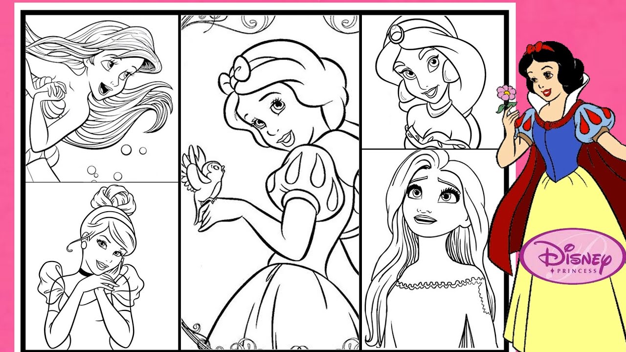 Disney Princess TOGETHER Coloring Page ARIEL ELSA SNOW WHITE CINDERELLA ...